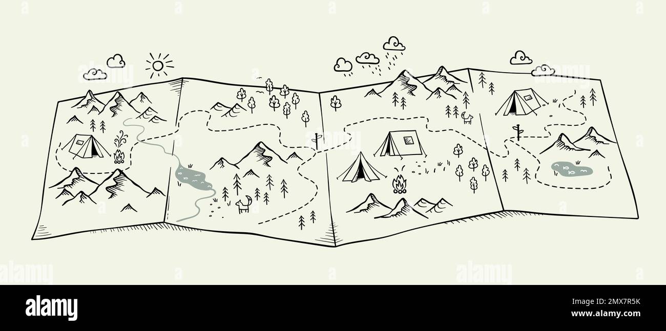 Cute hand drawn map with mountains, tents, trees, hills. 3d illustrated ...