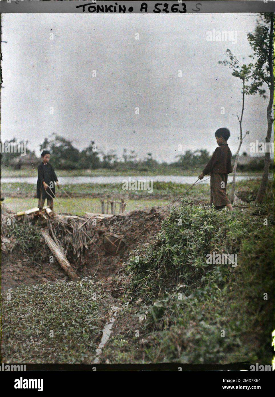 Tonkin, Indochina of children using a cord bucket, a lifting system of ...