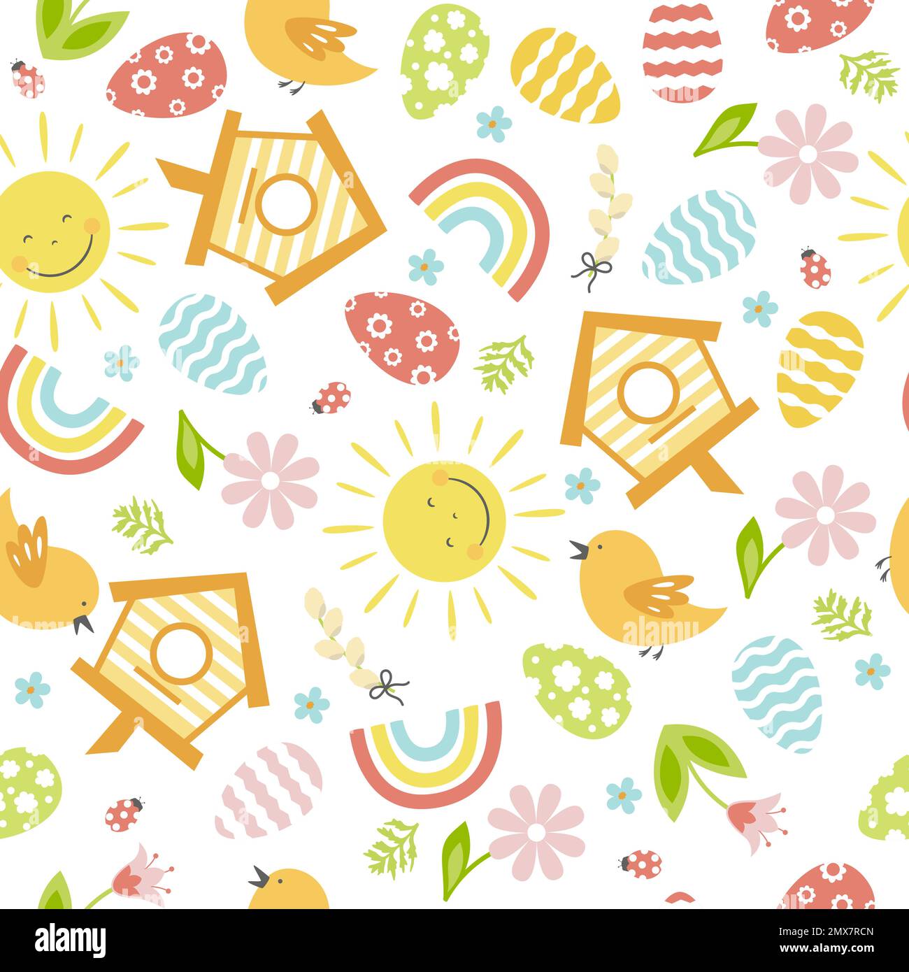 Seamless easter pattern with eggs, flowers, bird, rainbow and sun ...