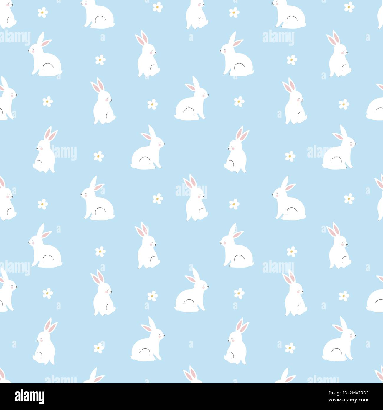 Seamless pattern with rabbit cartoons and daisy flower on blue ...