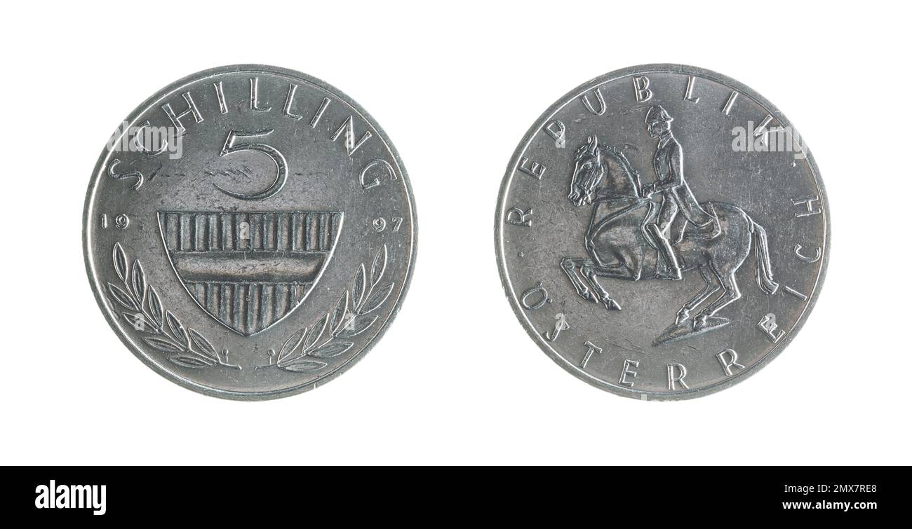 Both sides of the 5 Austrian schilling coin (1997) featuring rearing ...