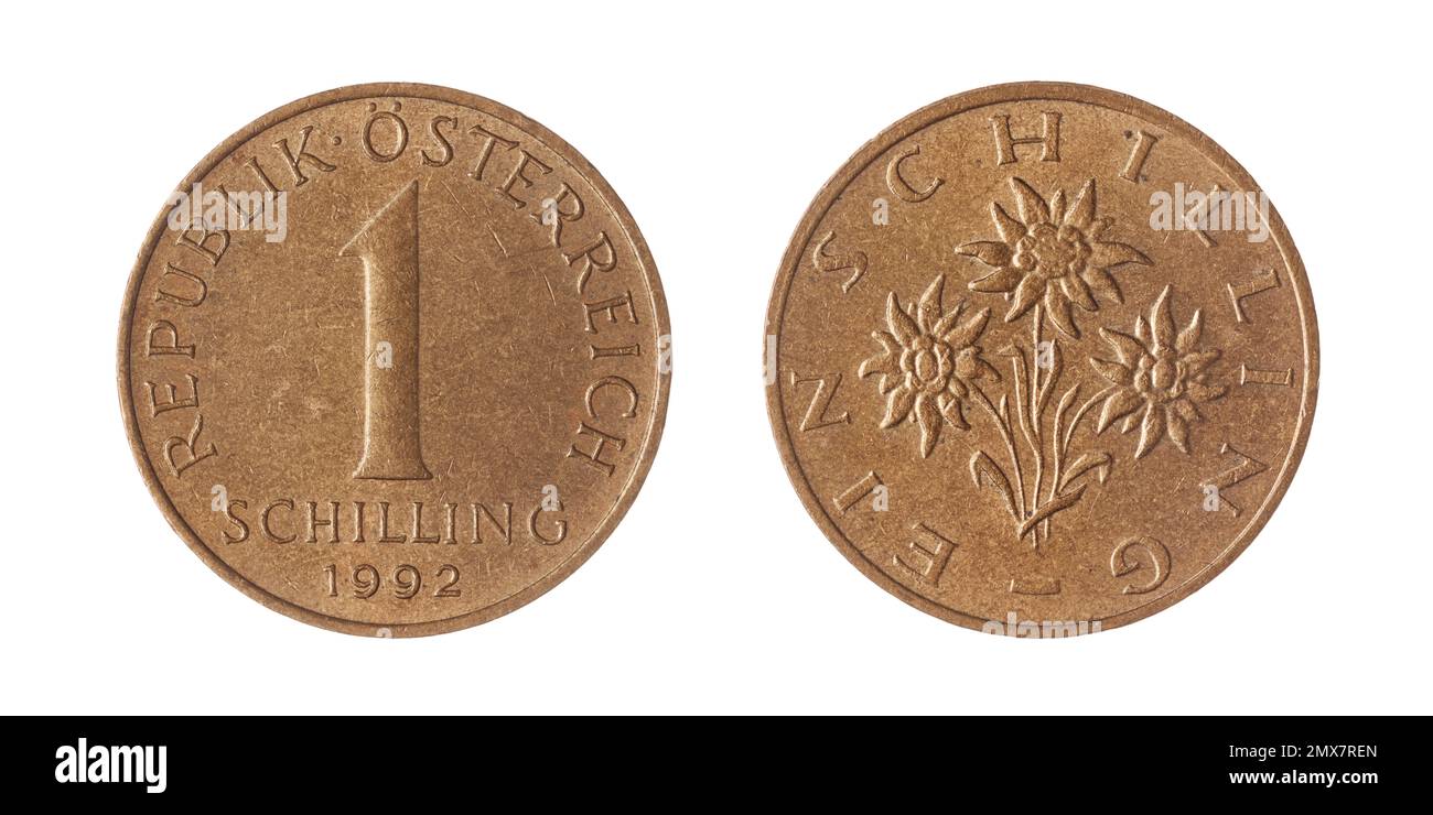 Both sides of the 1 Austrian schilling coin (1992) with three edelweiss ...