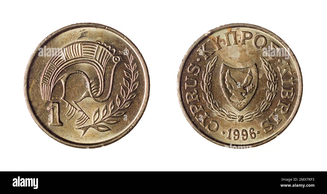 Both sides of the 1 Cypriot cent coin (1996) with Cyprus coat of arms ...