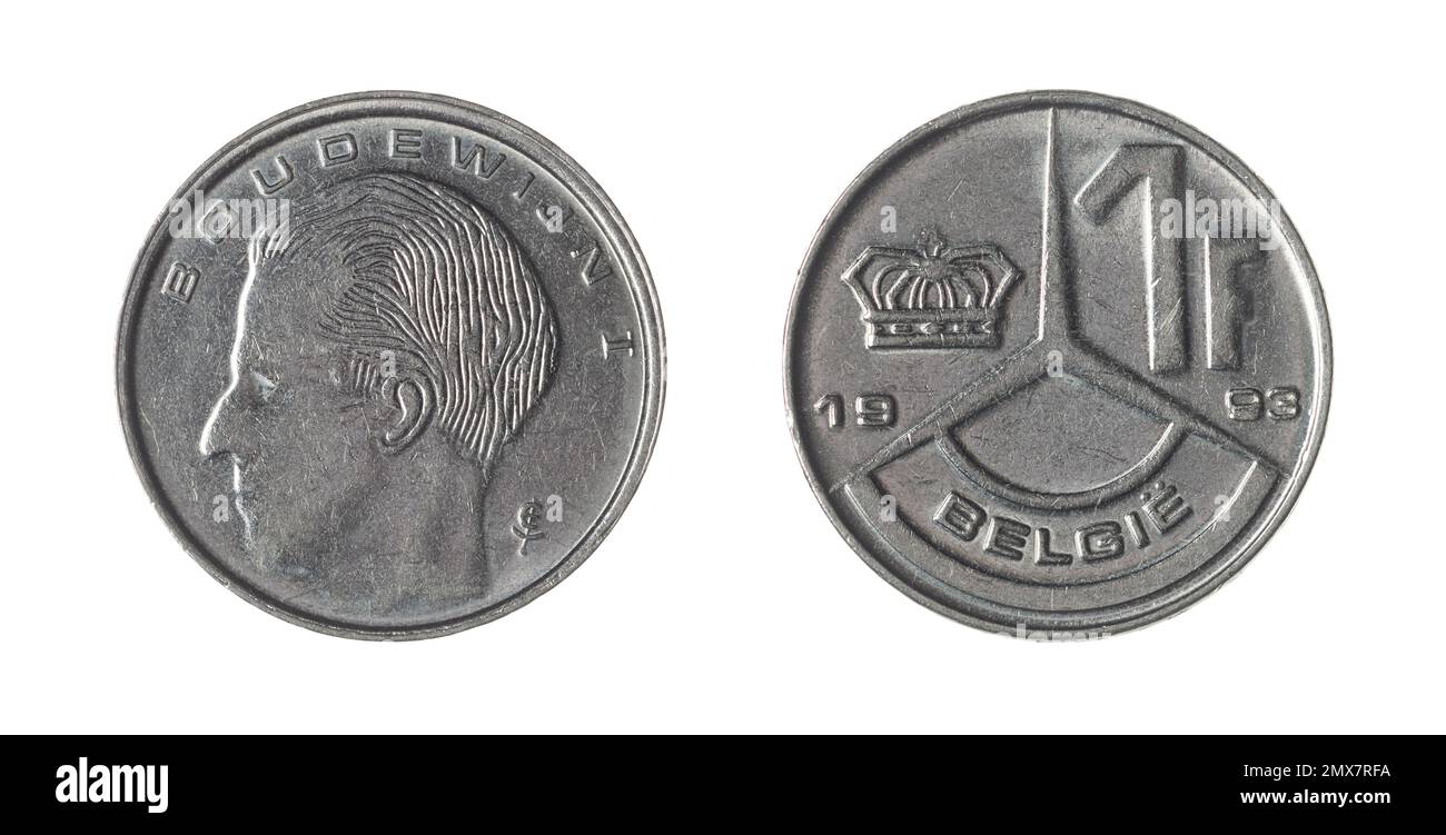 Both sides of the 1 Belgian franc coin (1993) featuring portrait in ...