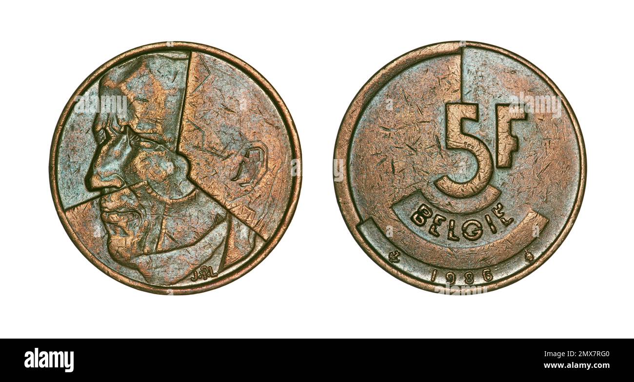 Both sides of the 5 Belgian francs coin (1986) featuring stylized ...