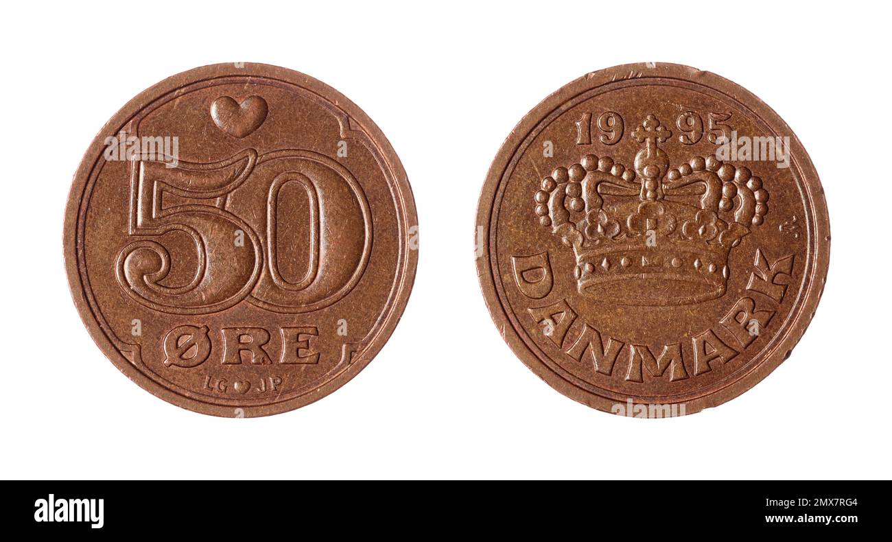 Both sides of the 50 Danish Ore coin (1995) featuring the crown of the ...