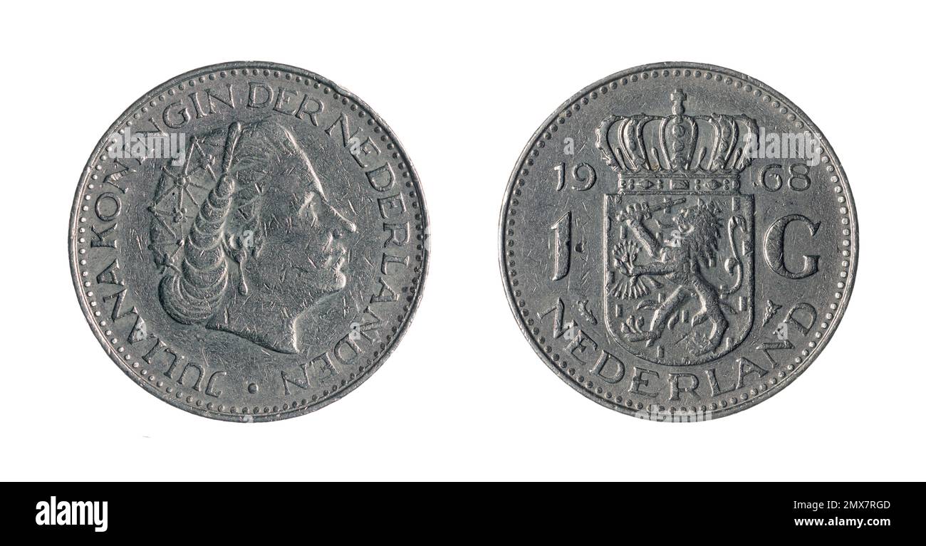 Both sides of the 1 Dutch gulden coin (1968) with the portrait of Queen ...