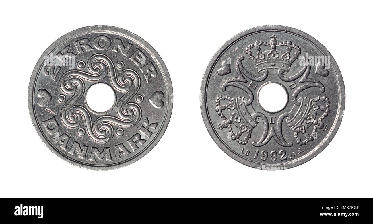 Both sides of the 2 Danish Kroner coin (1992) with royal monogram of ...