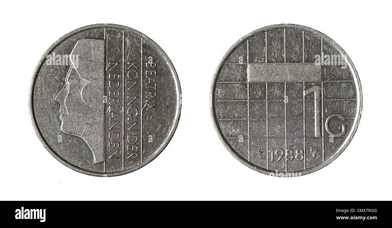 Both sides of the 1 Dutch gulden coin (1988) with the bust of Queen ...