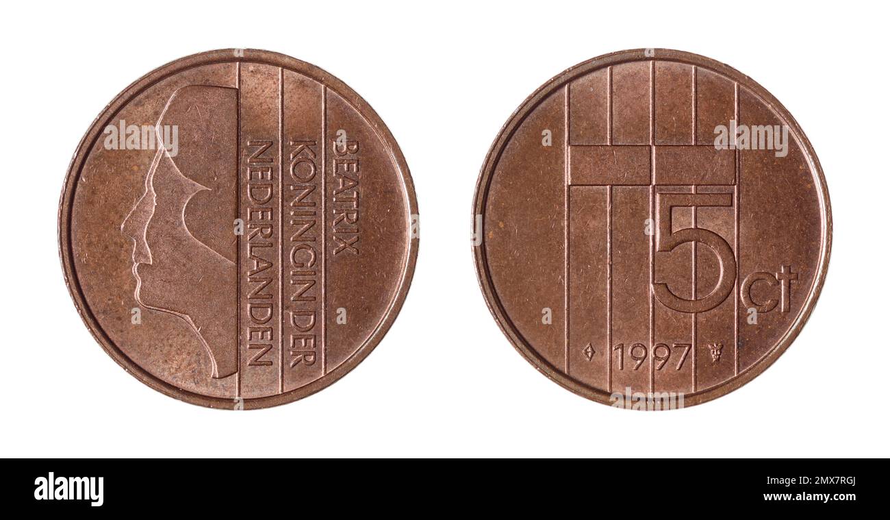 Both sides of the 5 Dutch cents coin (1997) with the bust of Queen ...
