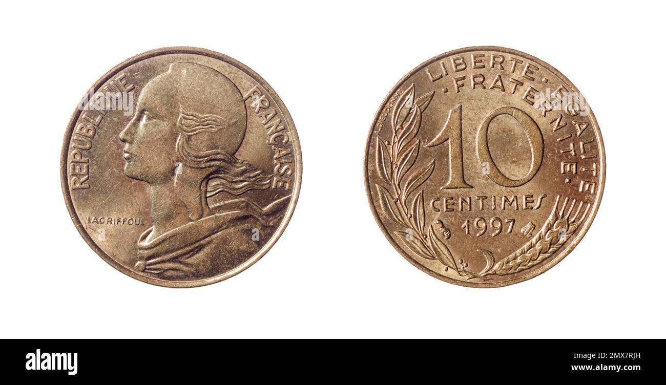 Both sides of the 10 French centimes coin (1997) featuring Marianne ...