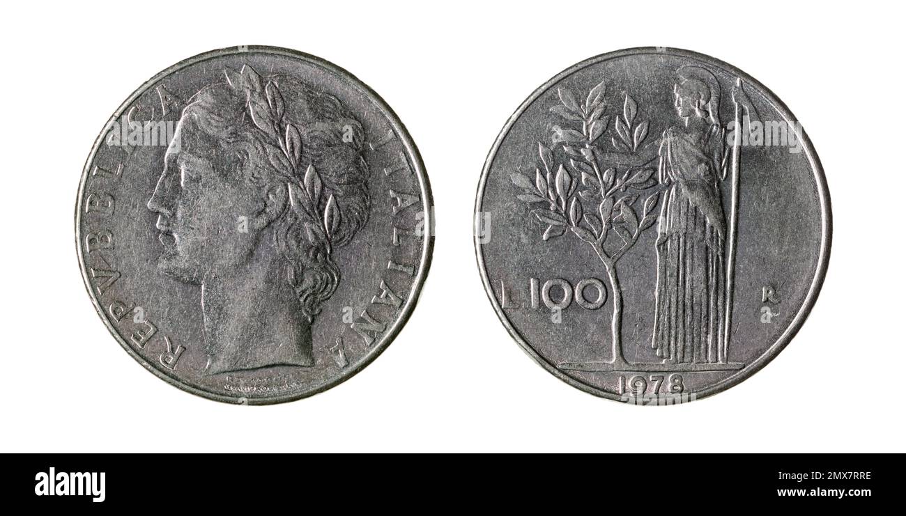 Both sides of the 100 Italian Lire coin (1978) showing Roman goddess ...