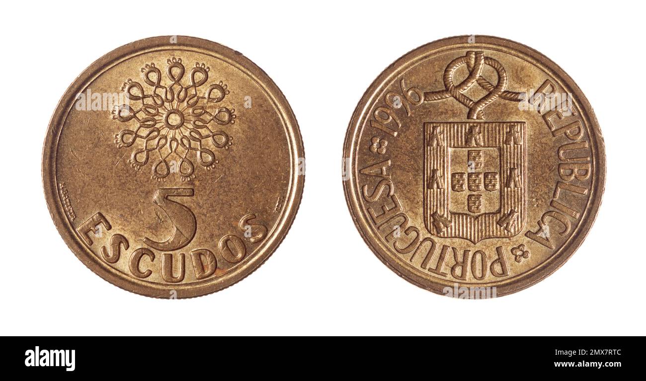 Both sides of the 5 Portuguese escudos coin (1996) featuring the ...