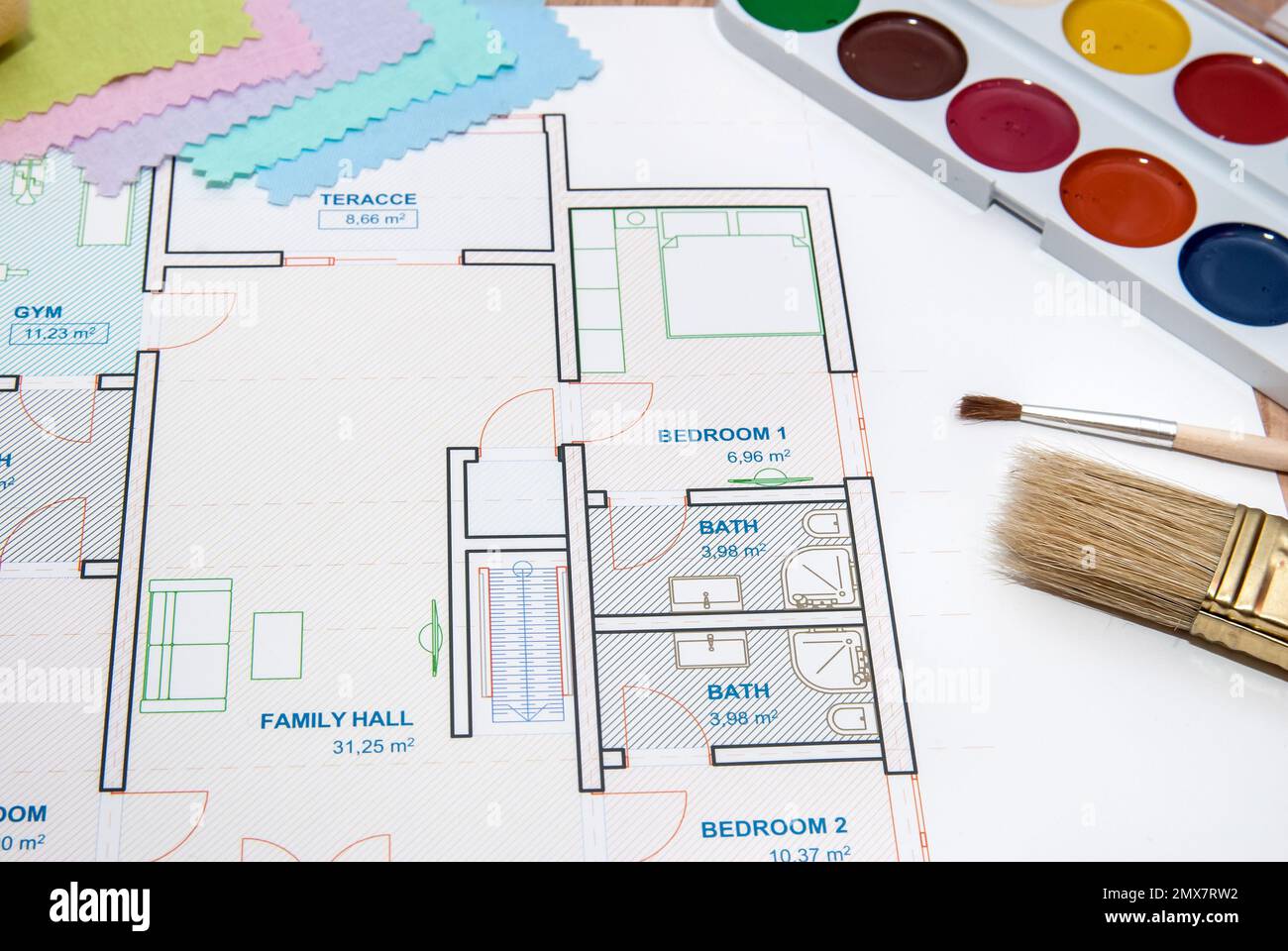 architectural plan of the house with color palette, pencil and fabric ...