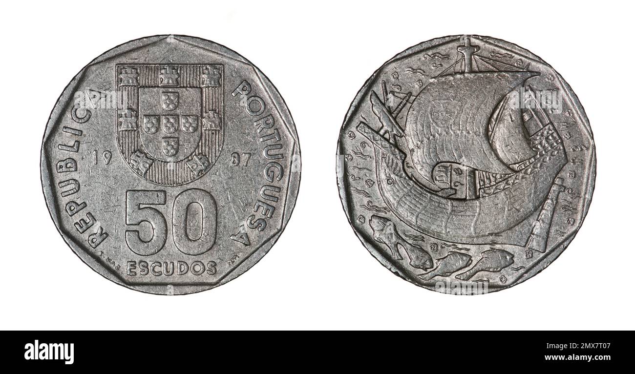 Both sides of the 50 Portuguese escudos coin (1987) with the arms of ...