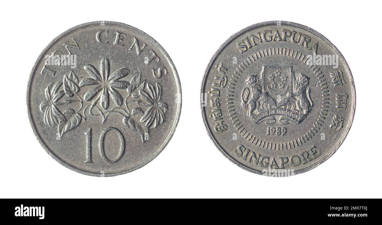 Both sides of the 10 Singapore cents coin (1989) featuring the Star ...