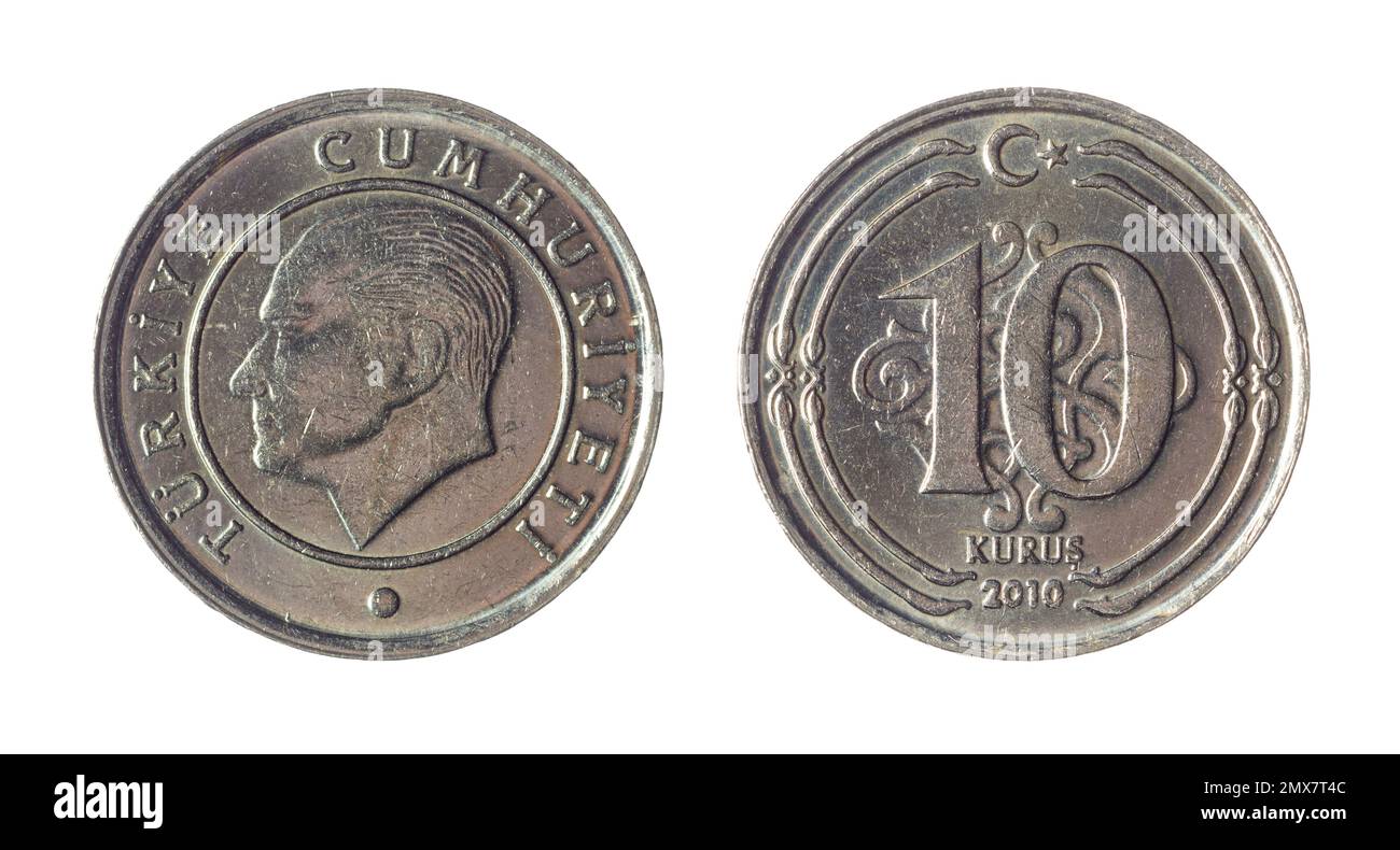 Both sides of the 10 Turkish kuruş coin (2010) with bust of Mustafa ...