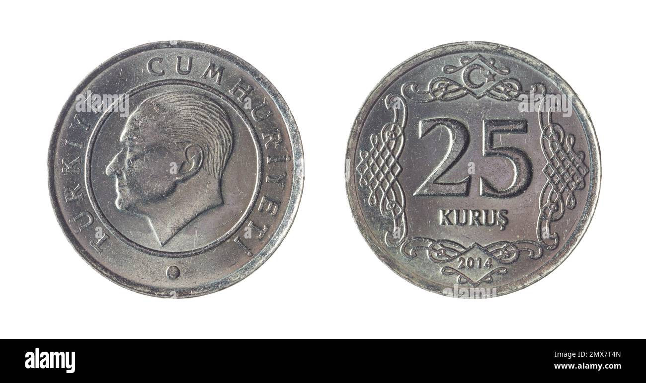 Both sides of the 25 Turkish kuruş coin (2014) with bust of Mustafa ...