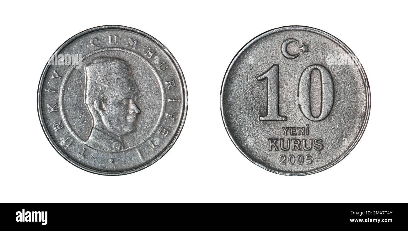Both sides of the 10 Turkish kuruş coin (2005) with bust of Mustafa ...