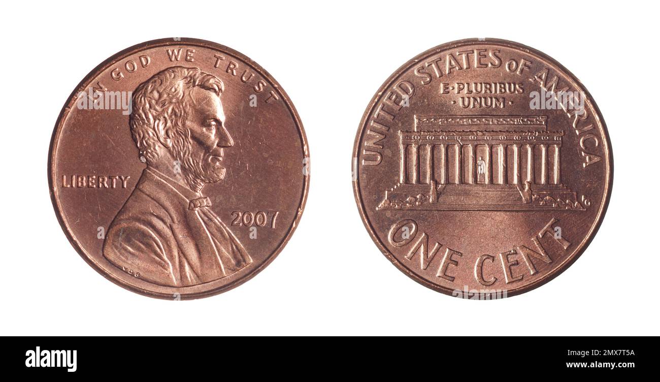 Both sides of the 1 US cent coin (2007) with profile of Abraham Lincoln ...