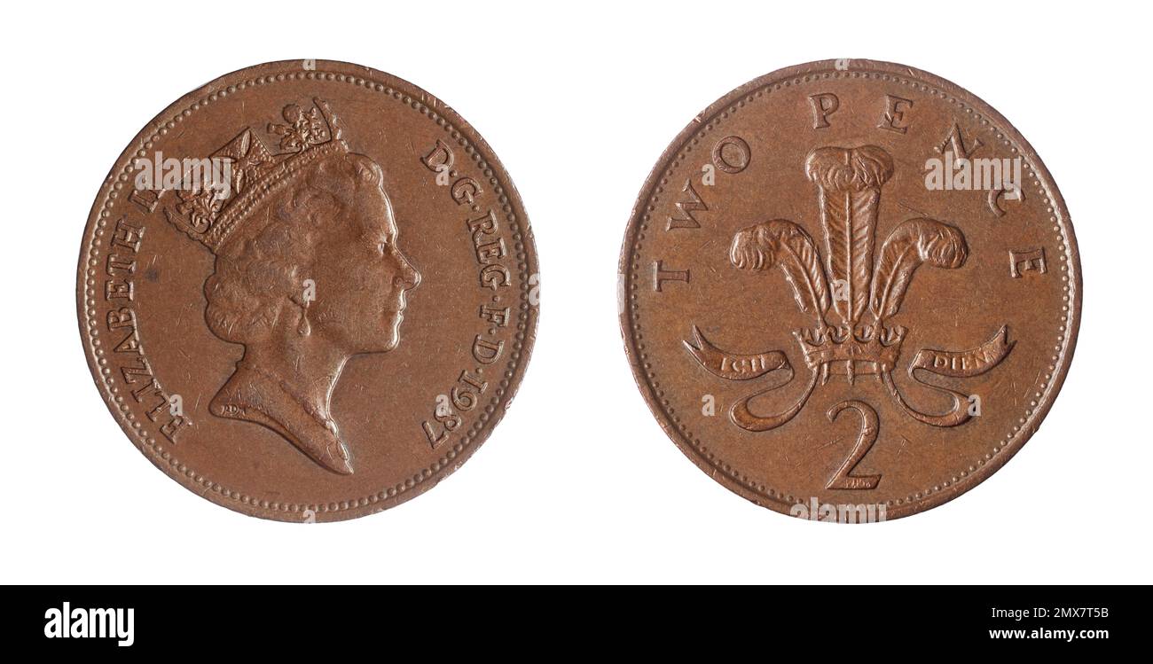 Both sides of the 2 British pence coin (1987) with crowned portrait of ...