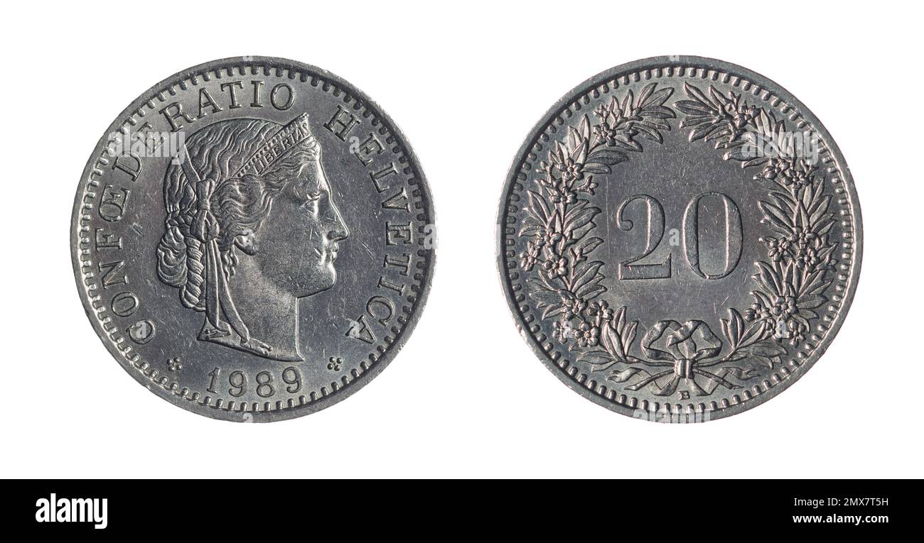 Both sides of the 20 Swiss rappen coin (1989) featuring Head of ...