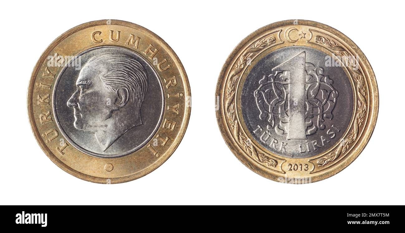 Both sides of the bi-metallic 1 Turkish lira coin (2013) with bust of ...