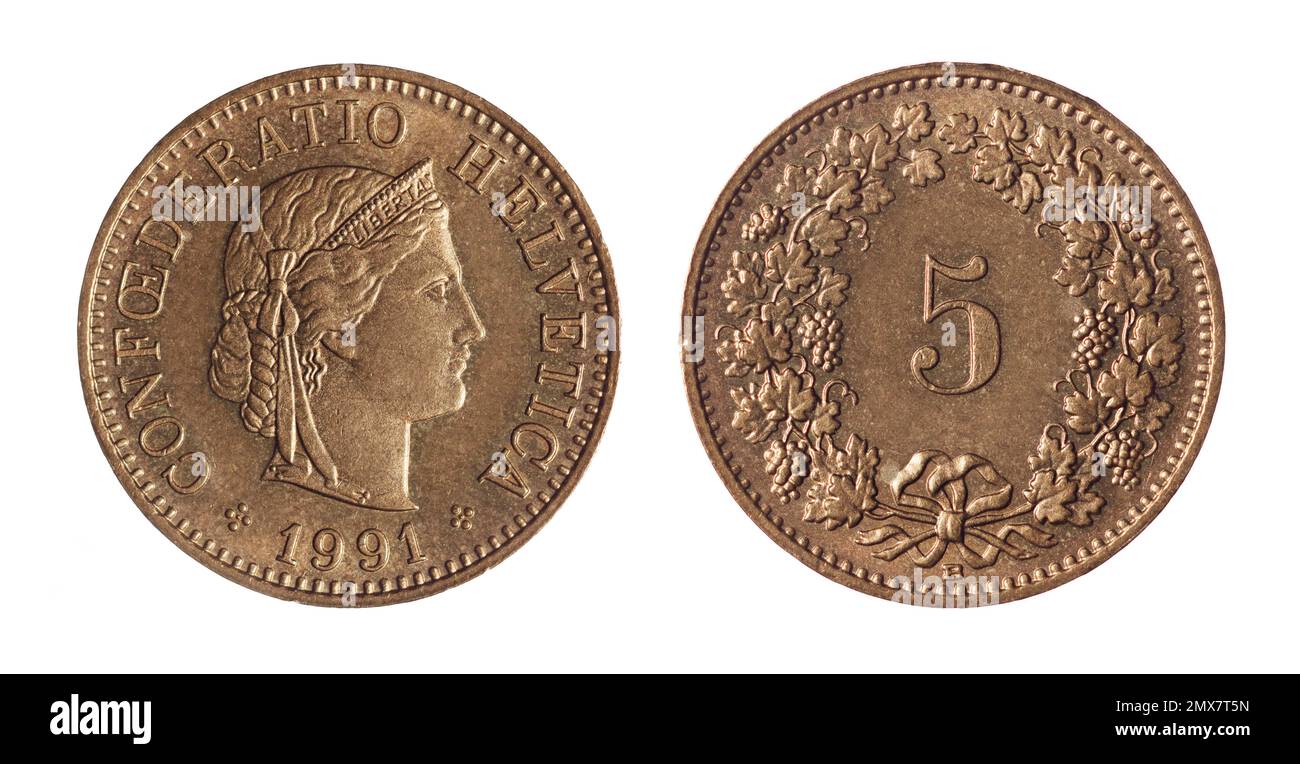 Both sides of the 5 Swiss rappen coin (1991) featuring Head of Libertas ...