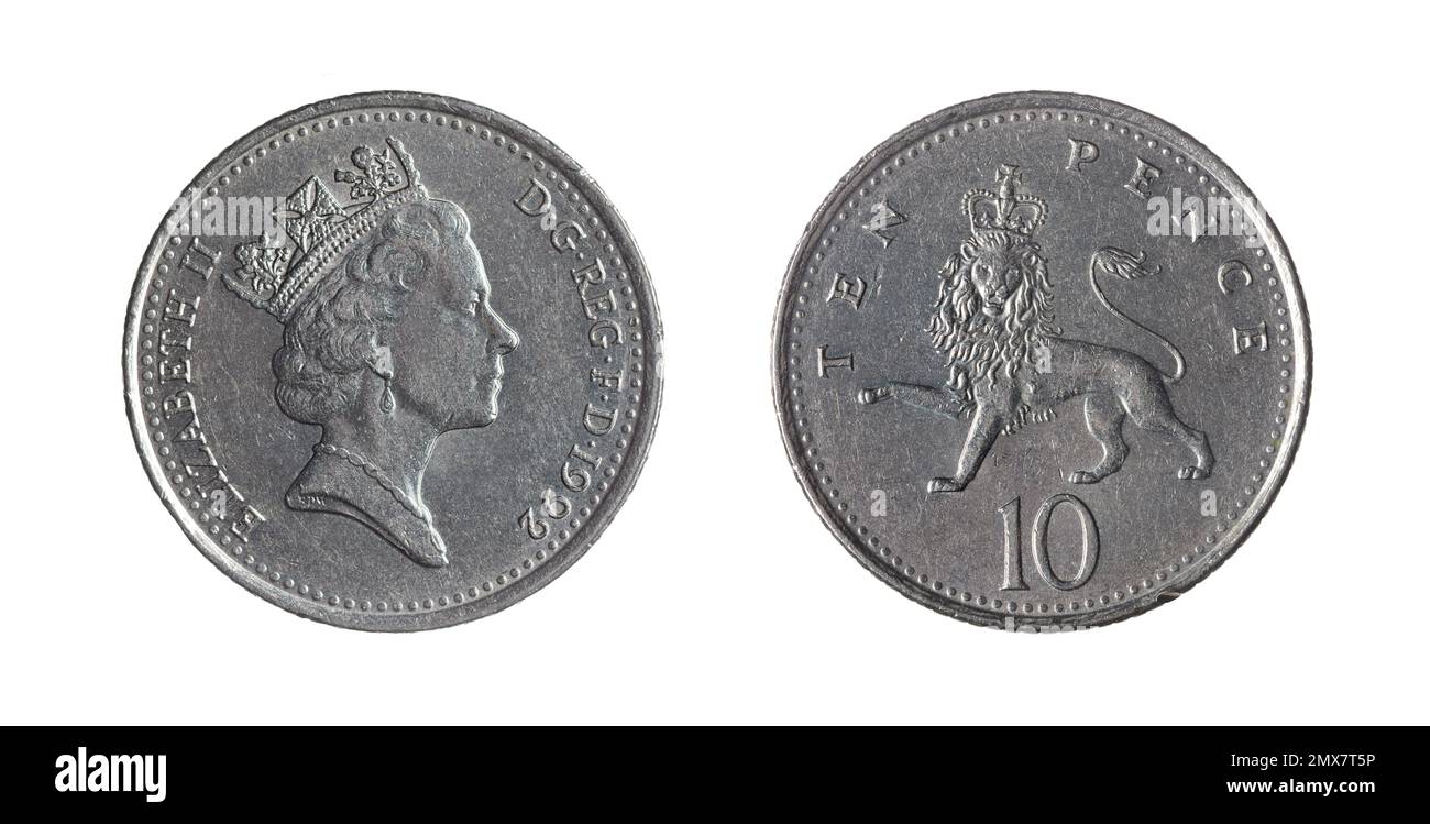 Both sides of the 10 British pence coin (1992) with crowned portrait of ...
