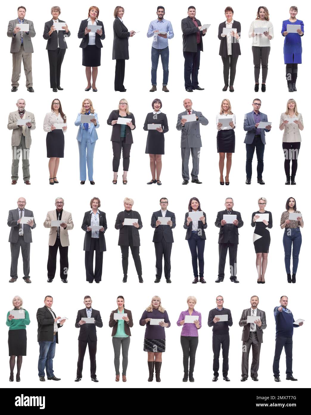 group of people demonstrating tablet looking at camera Stock Photo - Alamy