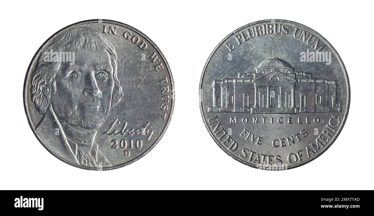 Both sides of the 5 US cents coin (2010) with portrait of Thomas ...