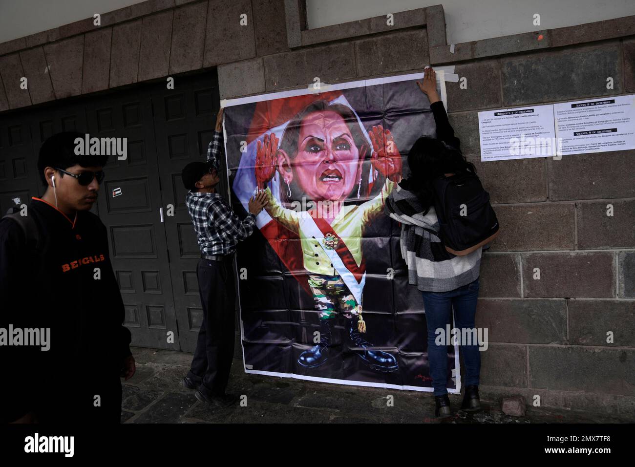 Anti-government protesters hang a poster depicting President Dina ...