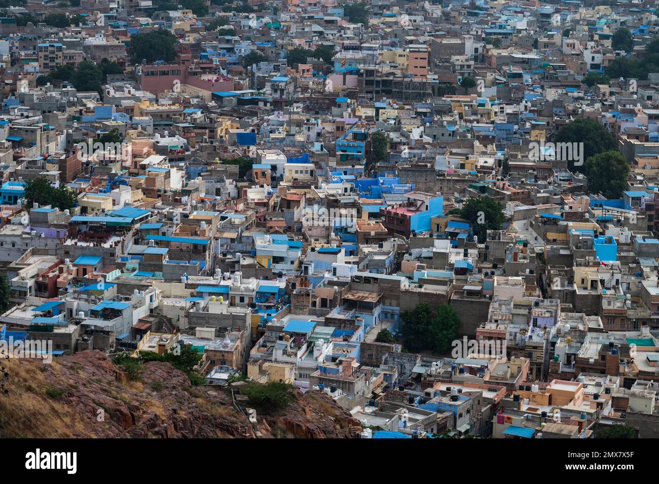 Aerial view of blue city, Jodhpur, Rajasthan,India. Orange sky ...