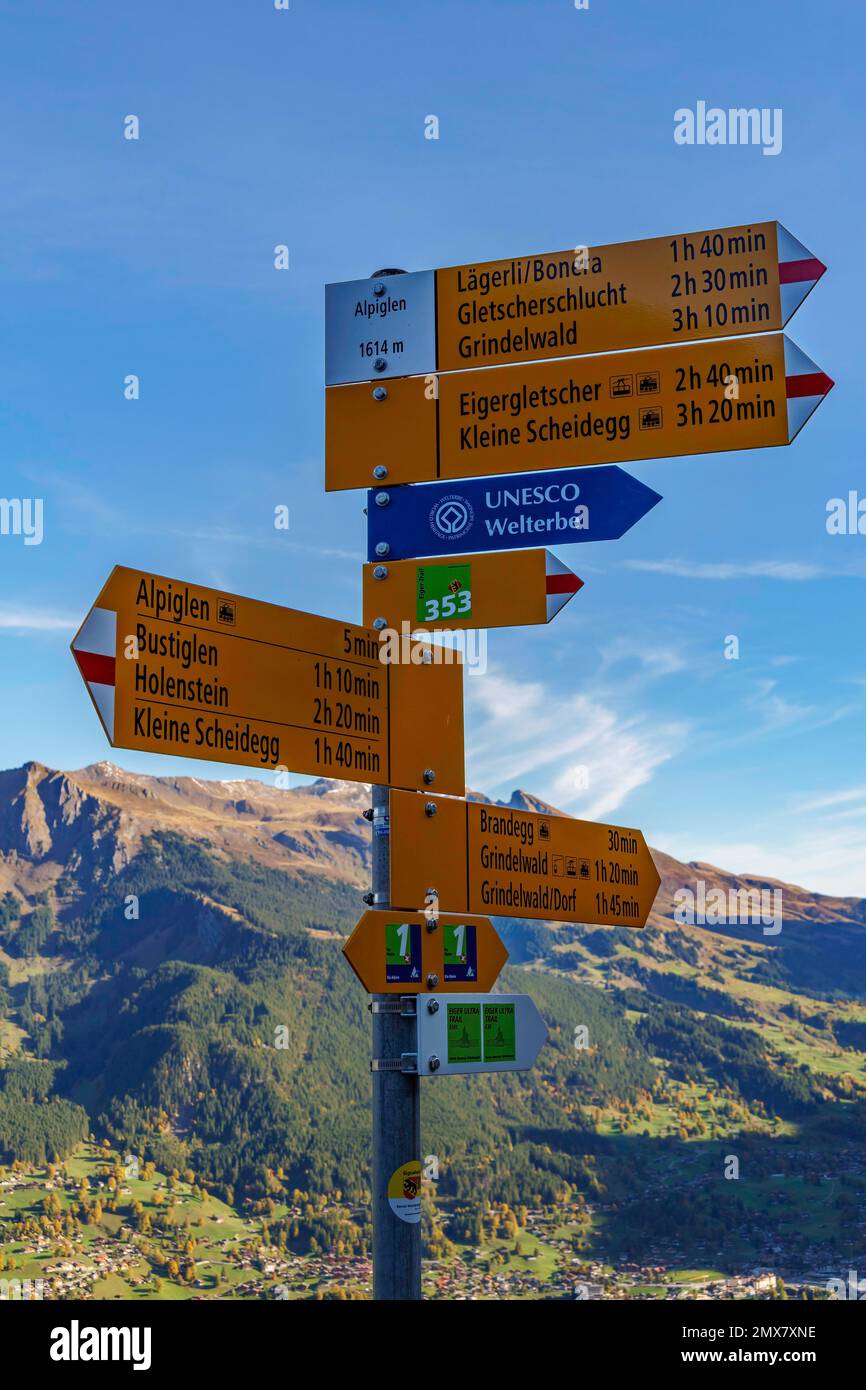 Signpost with directions to multiple destinations along the via alpina ...