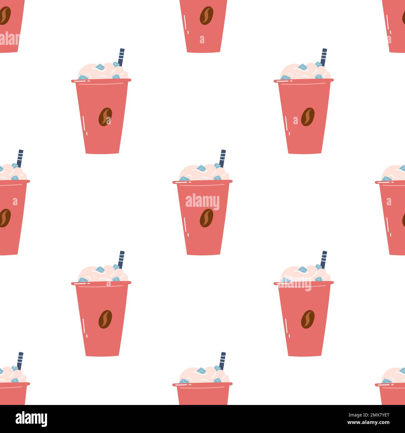 Seamless pattern with iced coffee in paper cup with cream and straw ...