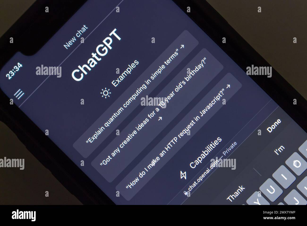 Website of ChatGPT seen in an iPhone. ChatGPT is a chatbot by OpenAI and is built on top of ...