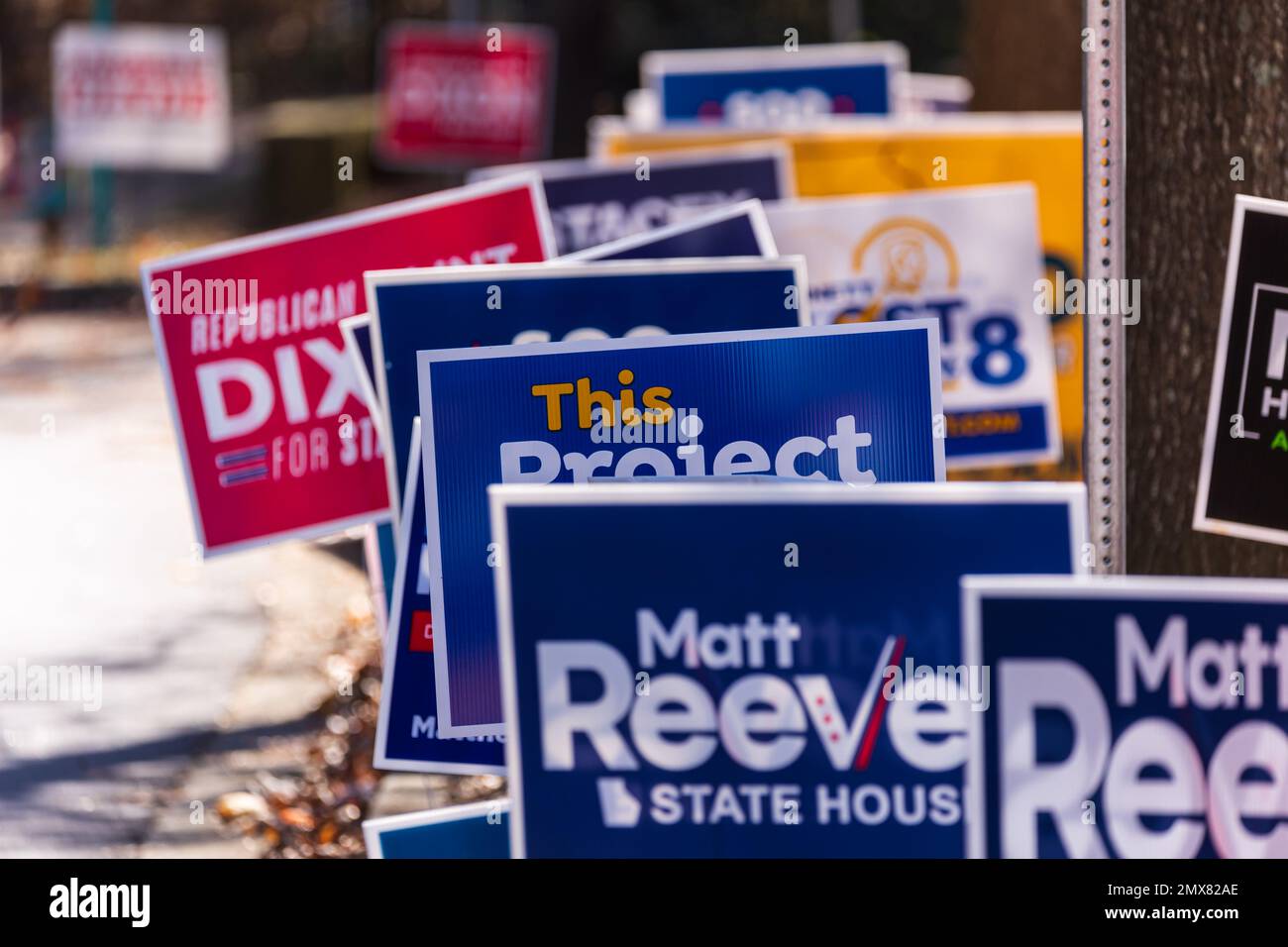 Suwanee, GA / USA - November 8, 2022: Dozens of election campaign yard ...