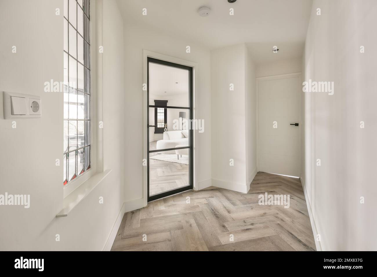 Interior design of light minimalist style hallway with glass door and ...