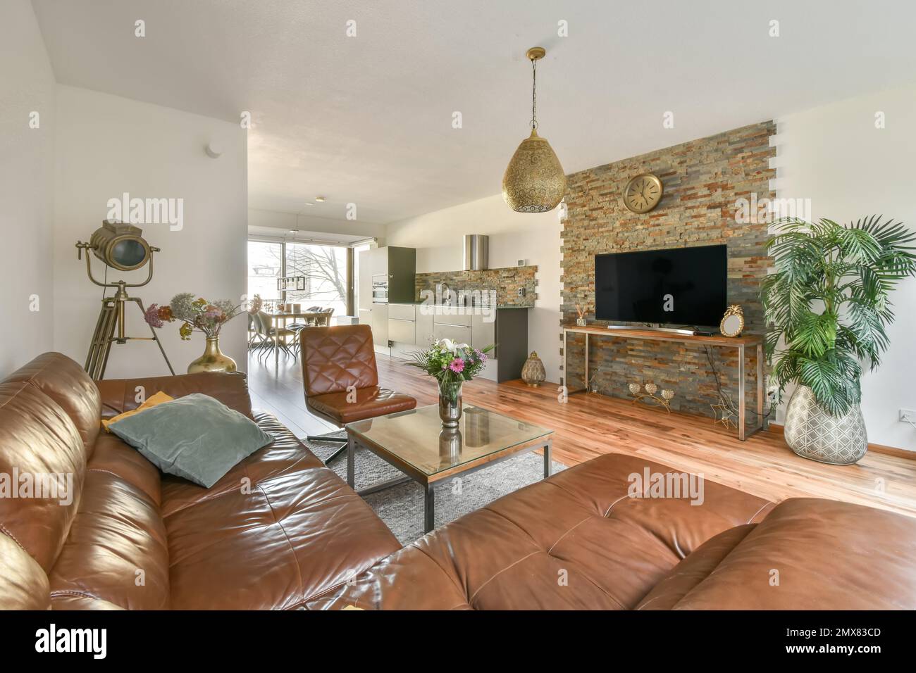 Modern interior of dining room with television by the wall Stock Photo ...