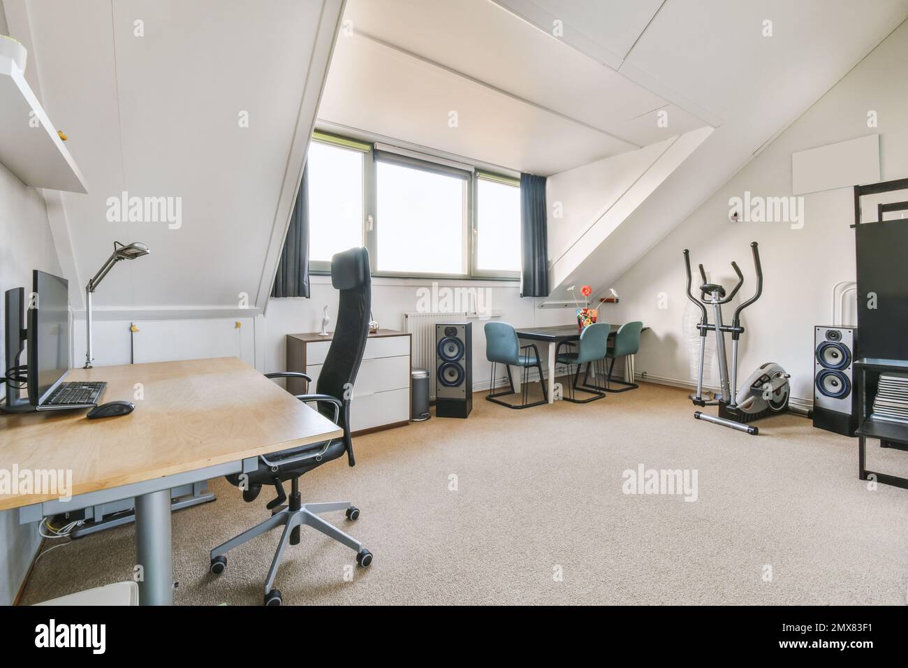 Contemporary interior design of spacious workplace with desk and chair ...