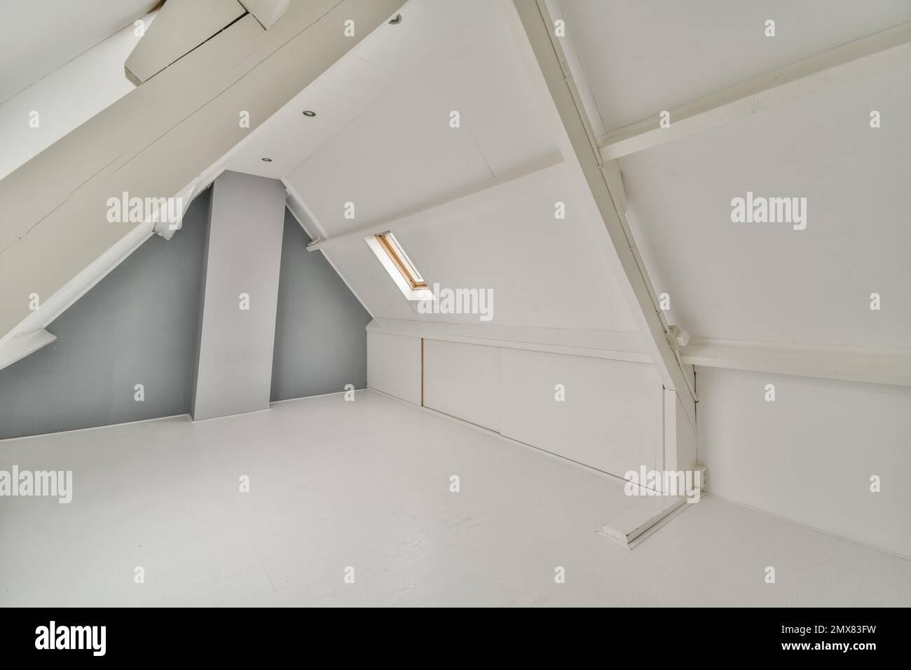 Interior design of empty minimalist style attic room with white walls ...