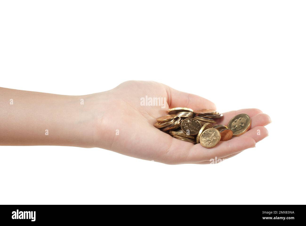Coins in hands isolated on white Stock Photo - Alamy