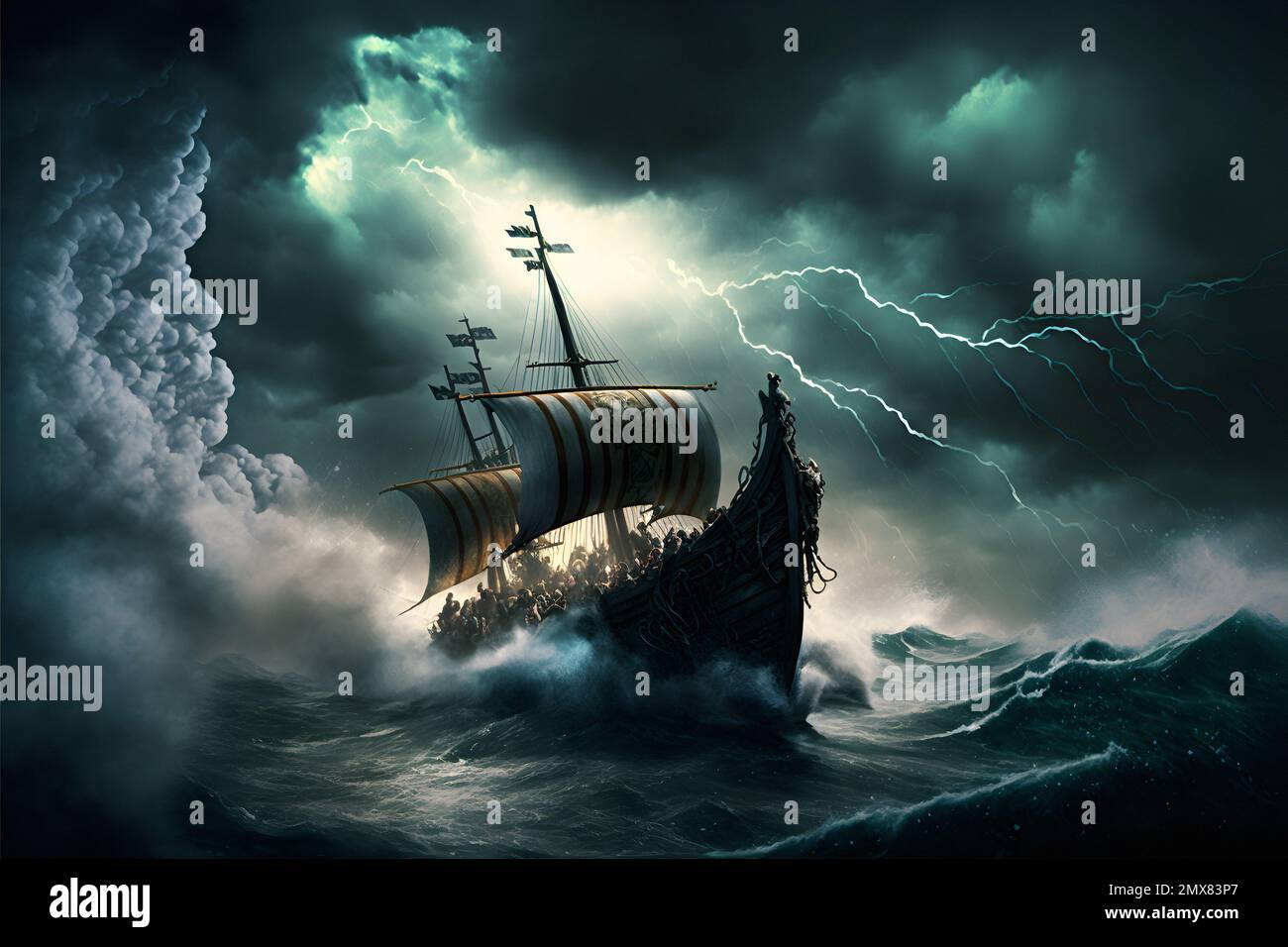 A medieval ship battles a fierce storm at sea, with waves crashing and ...