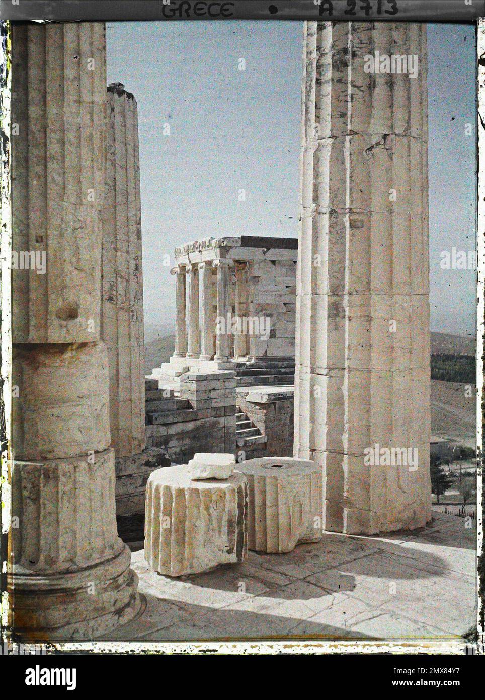 Athens, Greece on the Acropolis, a few columns of propyls of Mnesicles ...