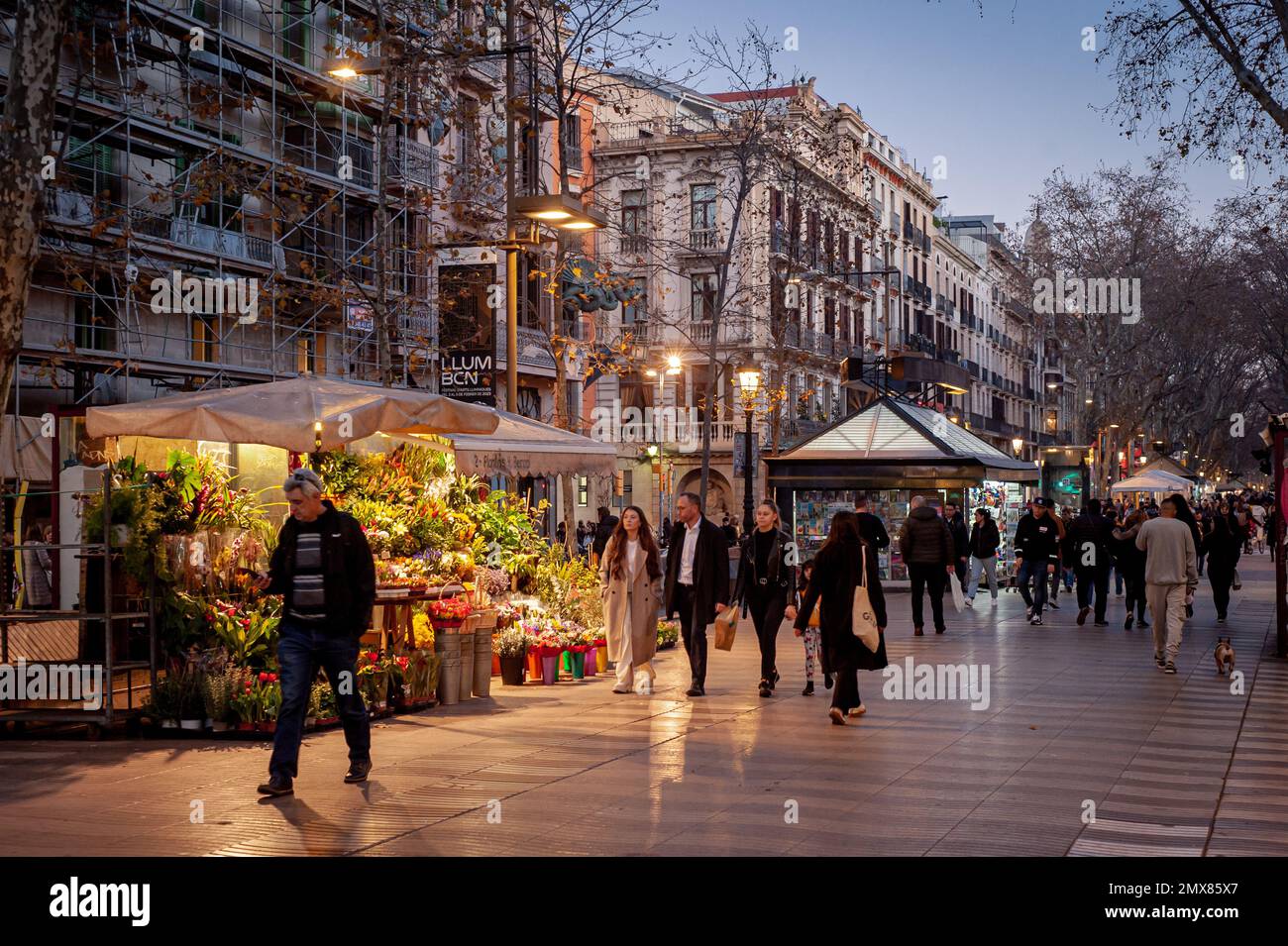 Flower stalls and kiosks are seen as people walk down La Rambla avenue ...