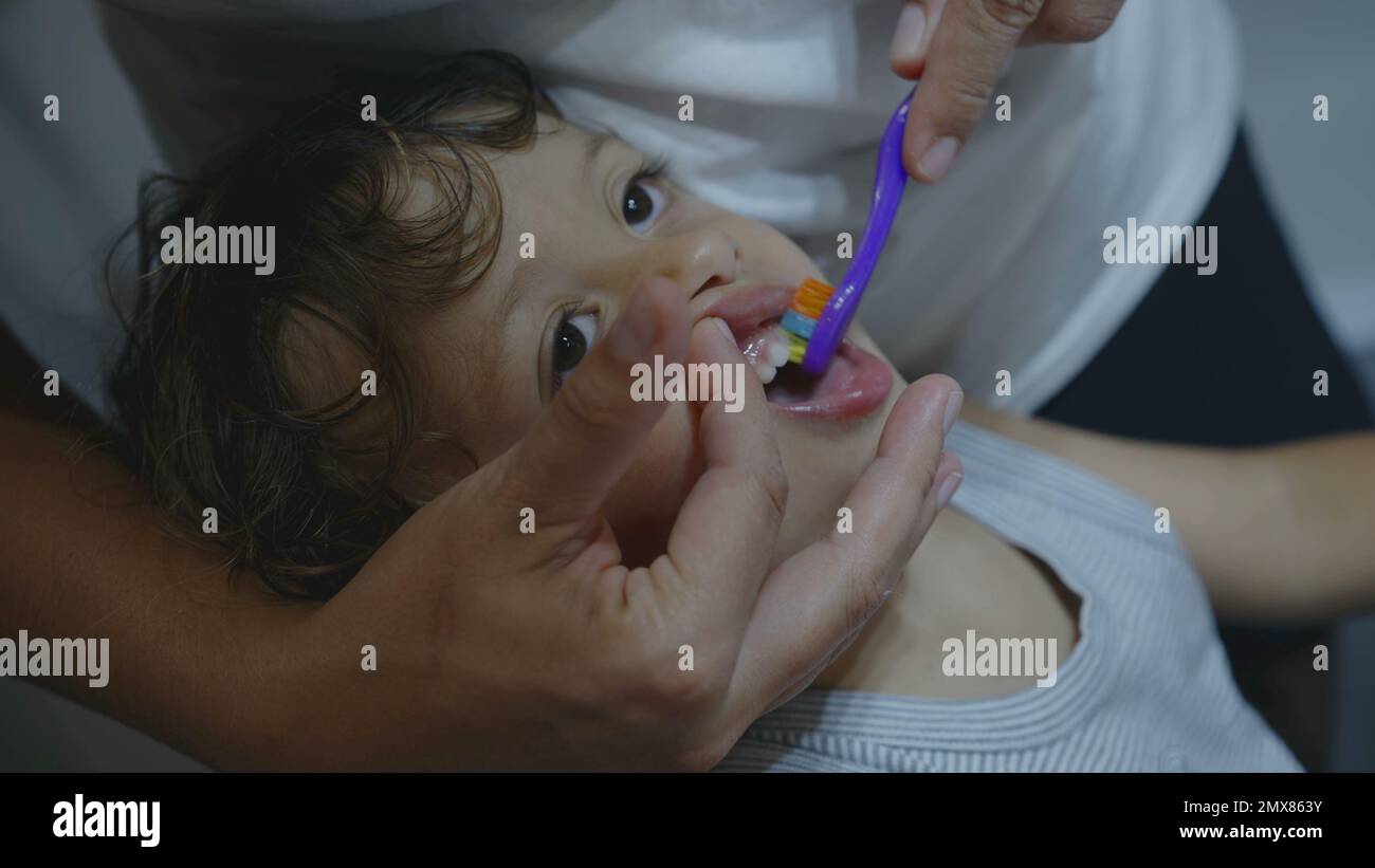 Parent brushing child teeth at night routine before bedtime. Mother ...