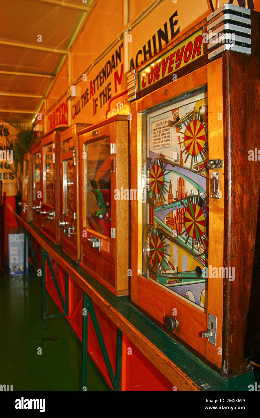 Row of old 1950s arcade machines from a traveling carnival stall Stock ...