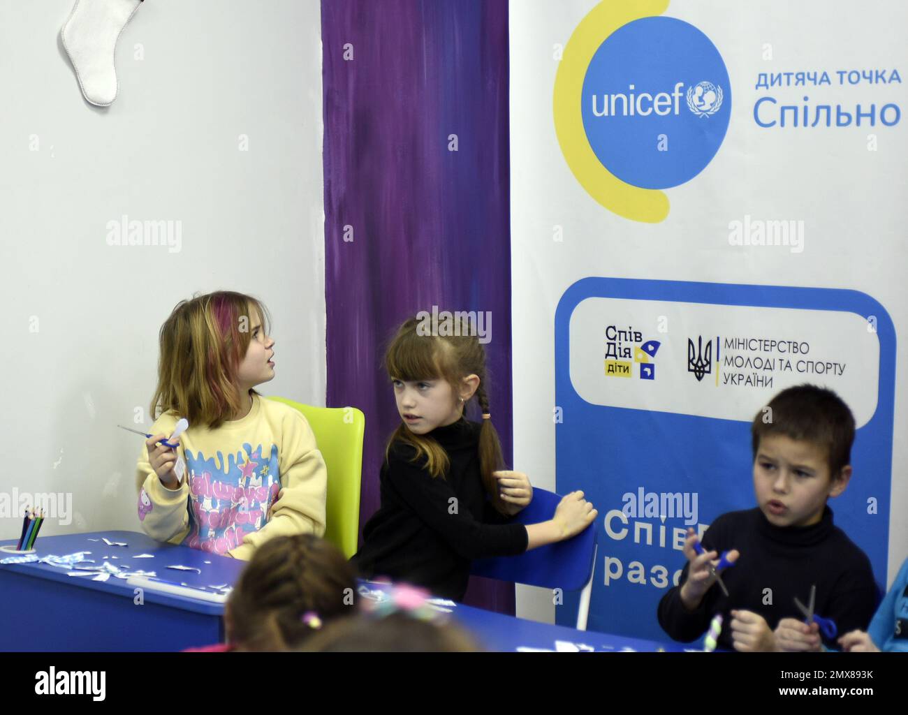 BUCHA, UKRAINE - FEBRUARY 2, 2023 - Children are pictured at the ...