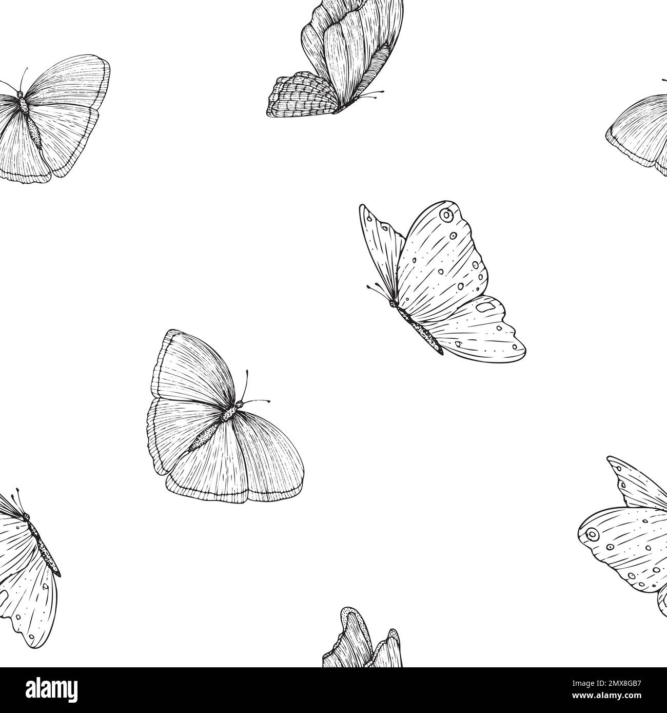 Vintage seamless pattern with Ink hand drawn butterflies illustration ...