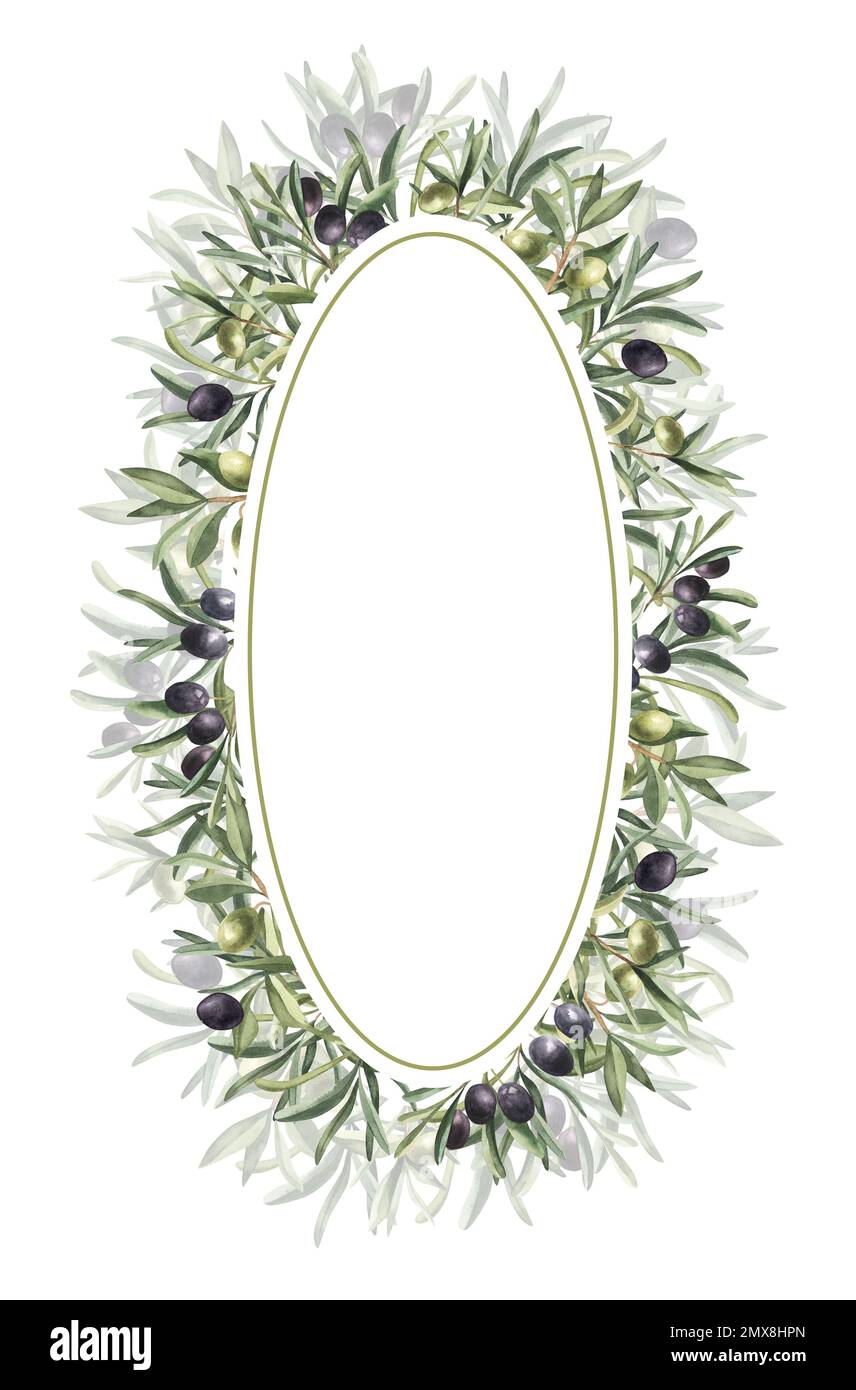 Gold Glitter Botanical Wreath, Watercolor Floral Oval Frame with Olive ...